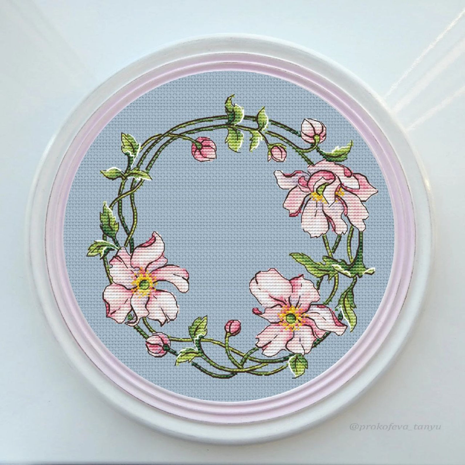 Pink Anemone Wreath Cross Stitch Pattern: Chic Pillow Decor (digital ...
