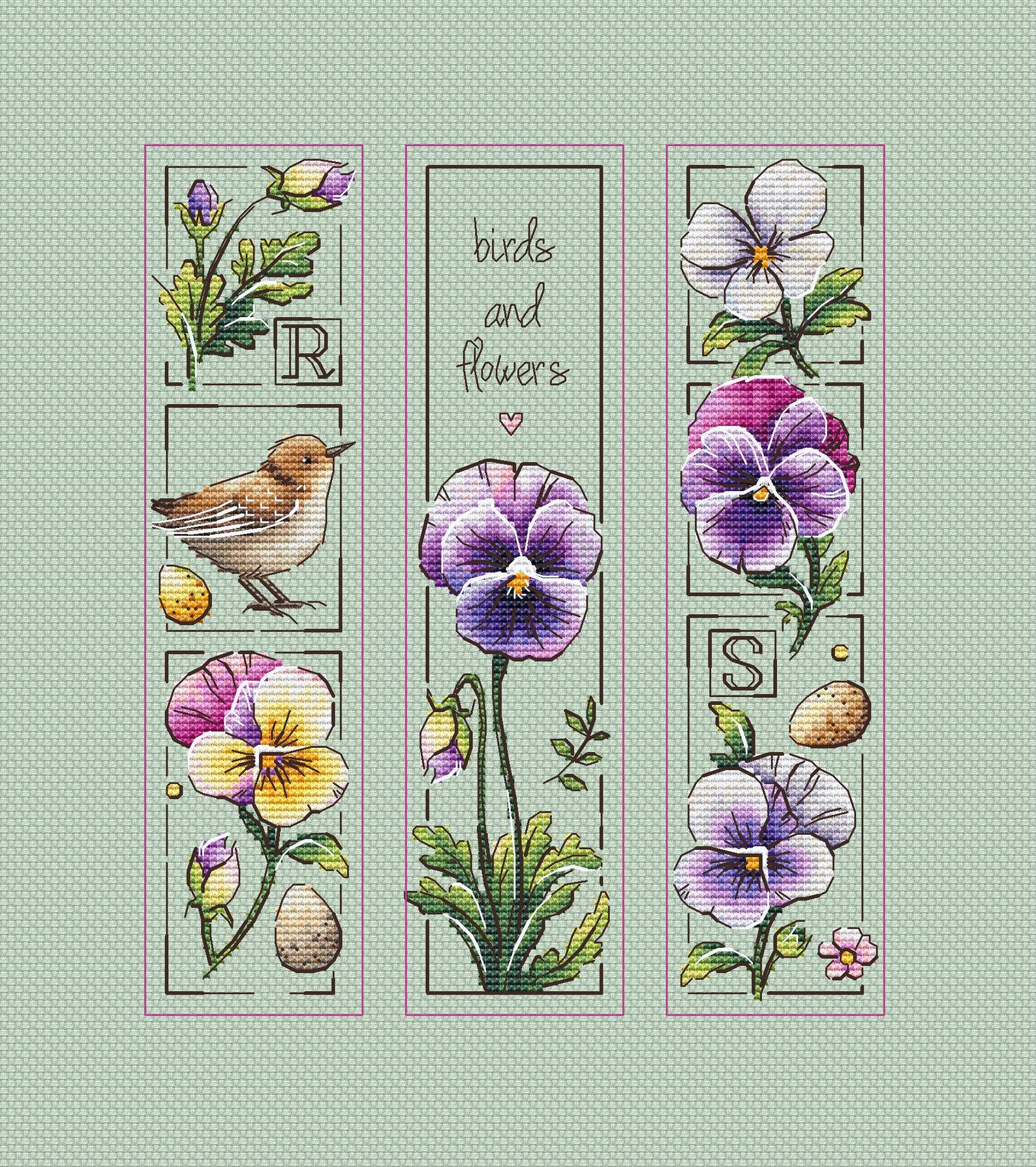 Set of 3 Bookmarks: Bright Pansies and Bird Cross-stitch Pattern for ...