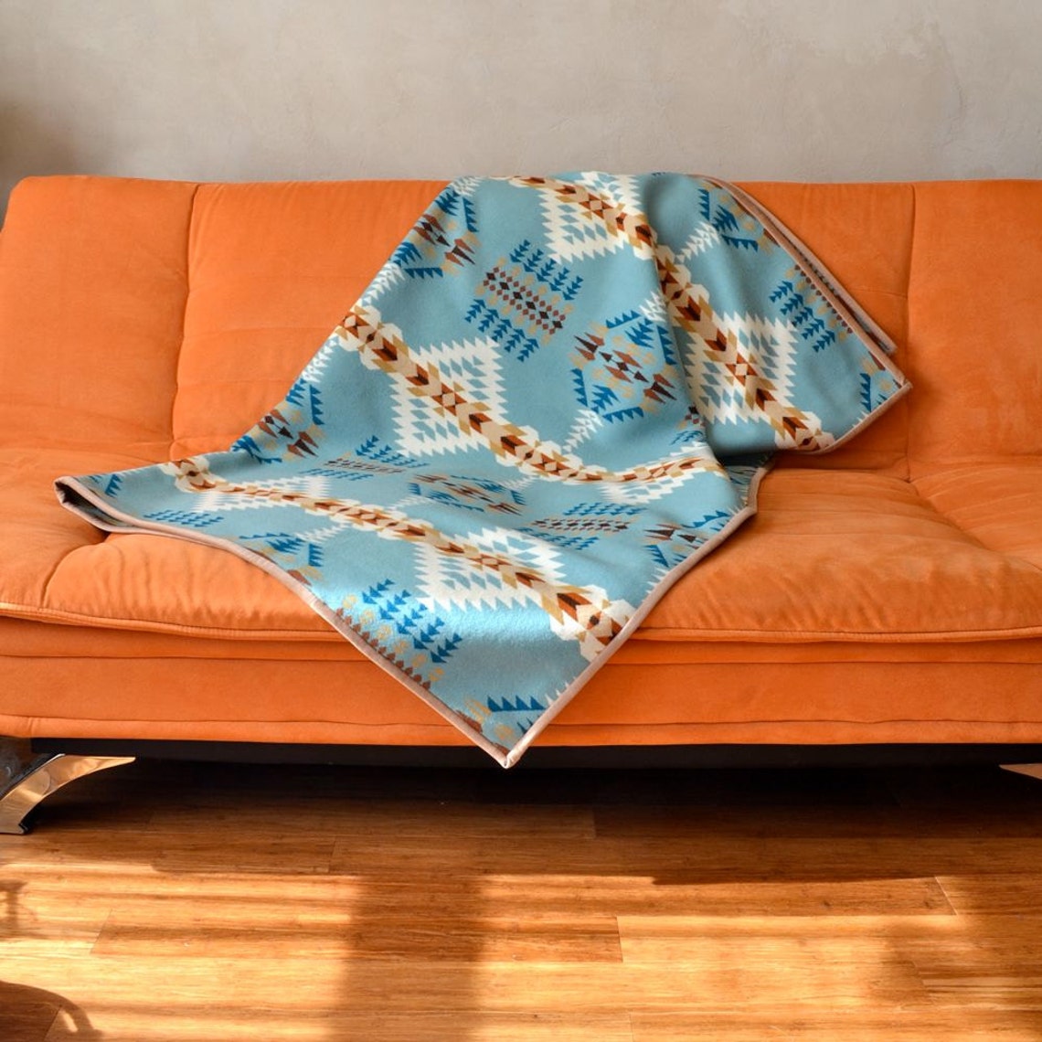 Wool Blanket Native American Design in Aqua Blue White & Brown | Etsy
