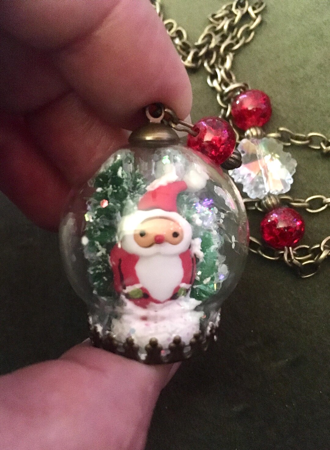 Round Snowglobe Snow Santa Pendant Necklace Christmas Jewelry Gift ...