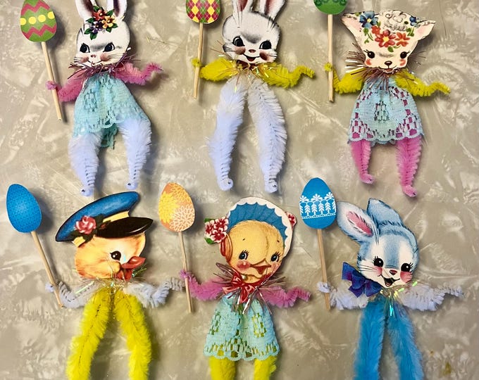 6 Vintage Style Easter Bunny Rabbit Chick Chenille Tree Decoration Set ...