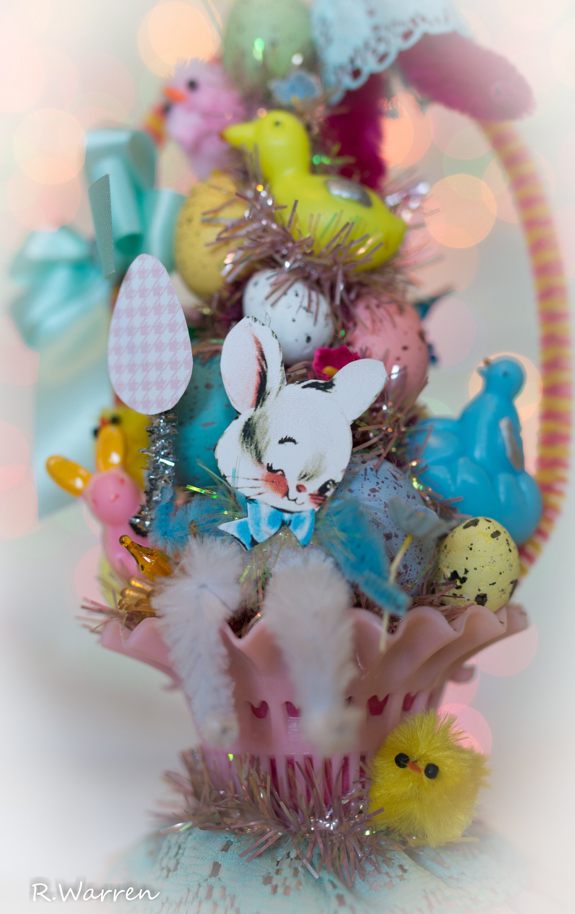 Vintage Pink Nut Cup W Easter Bunny & Decorated Pink Pastel Bottlebrush ...