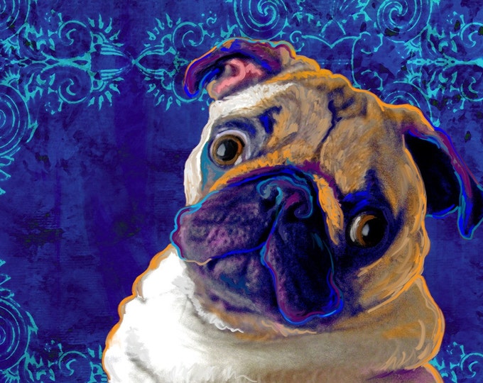 Fawn Chinese Pug Print Pug on Blue / Puggie Art / Purple and Blue Pug ...