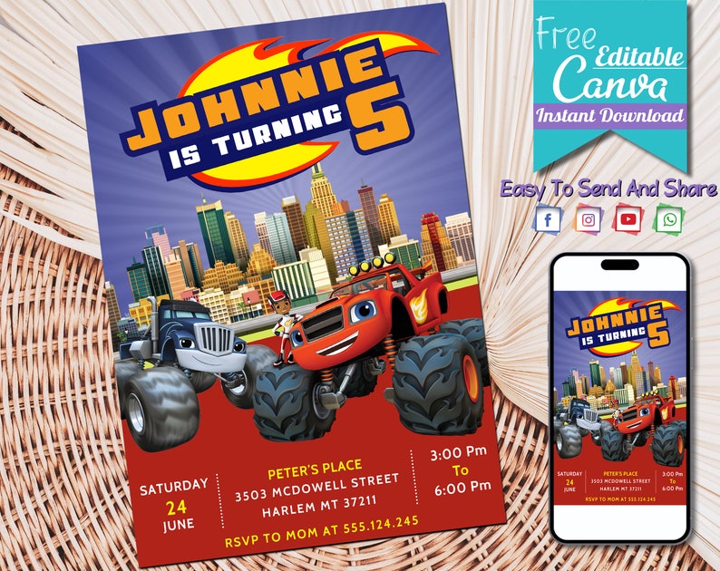 Blaze and the Monster Machines Birthday Invitation | Blaze Birthday ...