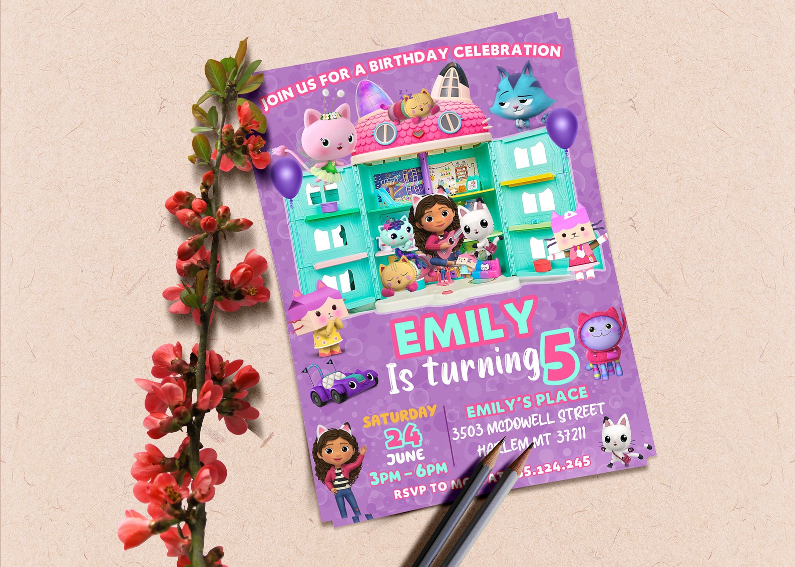 Gabbys Dollhouse Birthday Invitation Editable Gabby's Kids Birthday ...