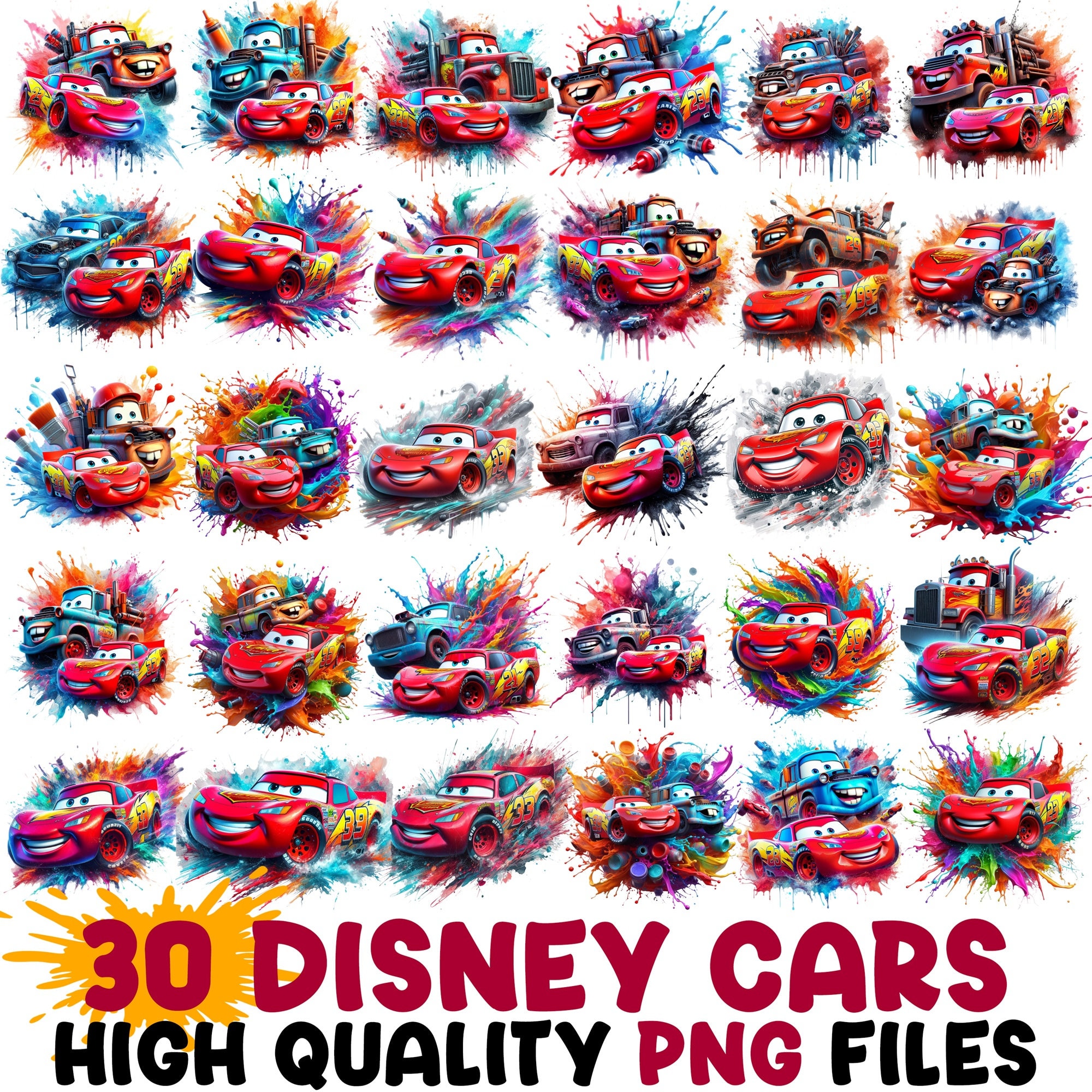 Lightning Mcqueen Cars Splash PNG Clipart Bundle, Watercolor Digital ...