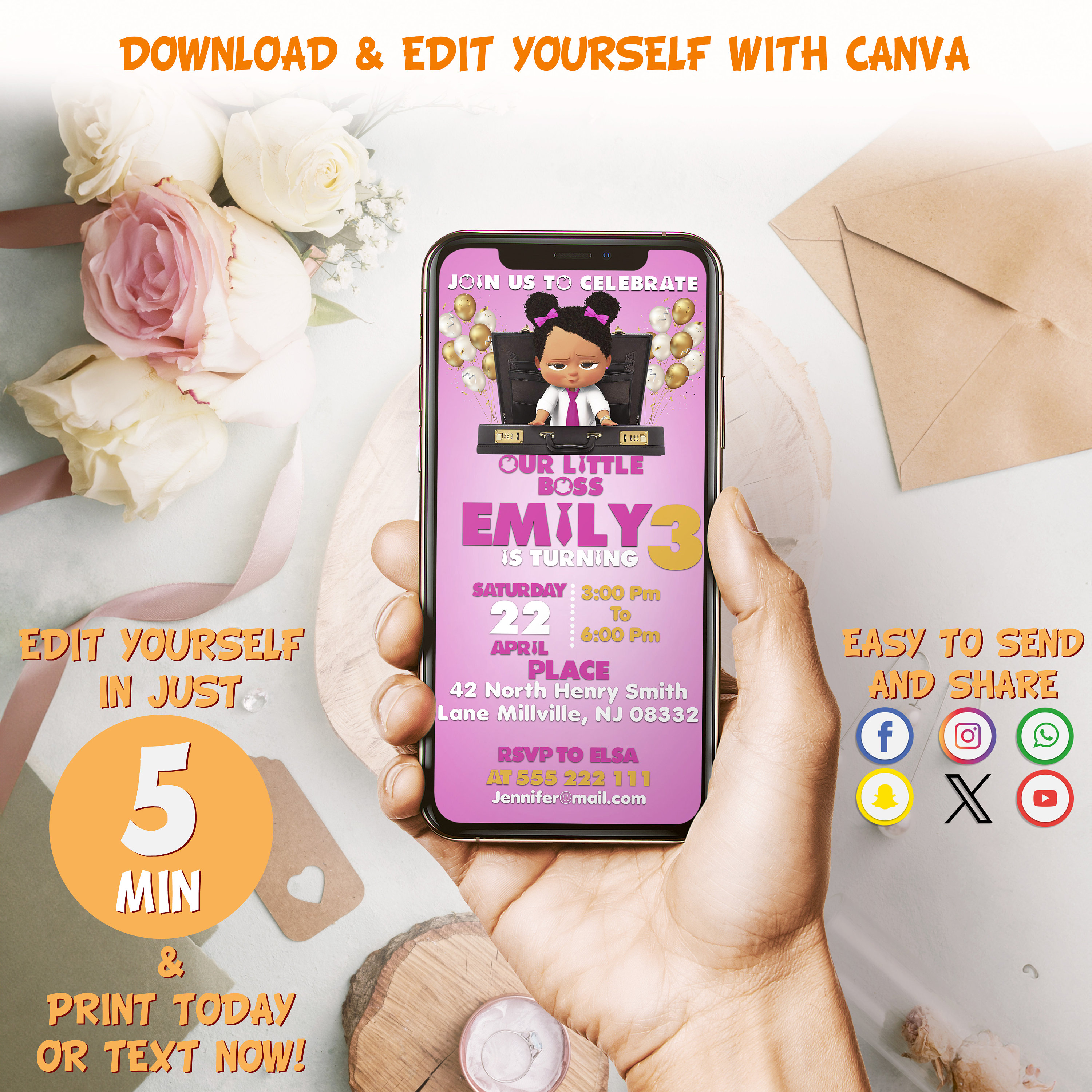 Editable Baby Boss Girl Birthday Invitation Boss Baby Party Invitation ...