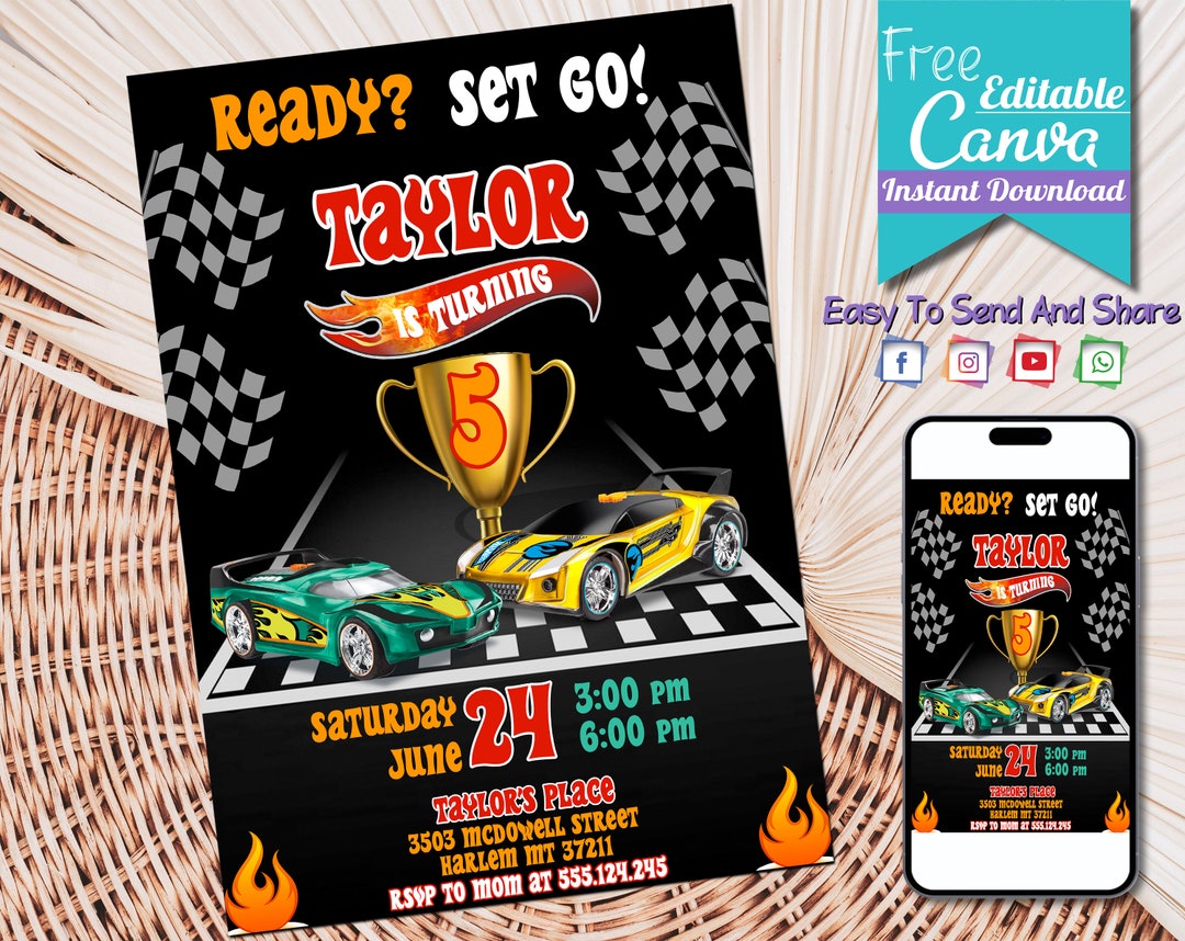 Editable Wheels Birthday Invitation, Hot Cars Birthday Invitation, Kid ...