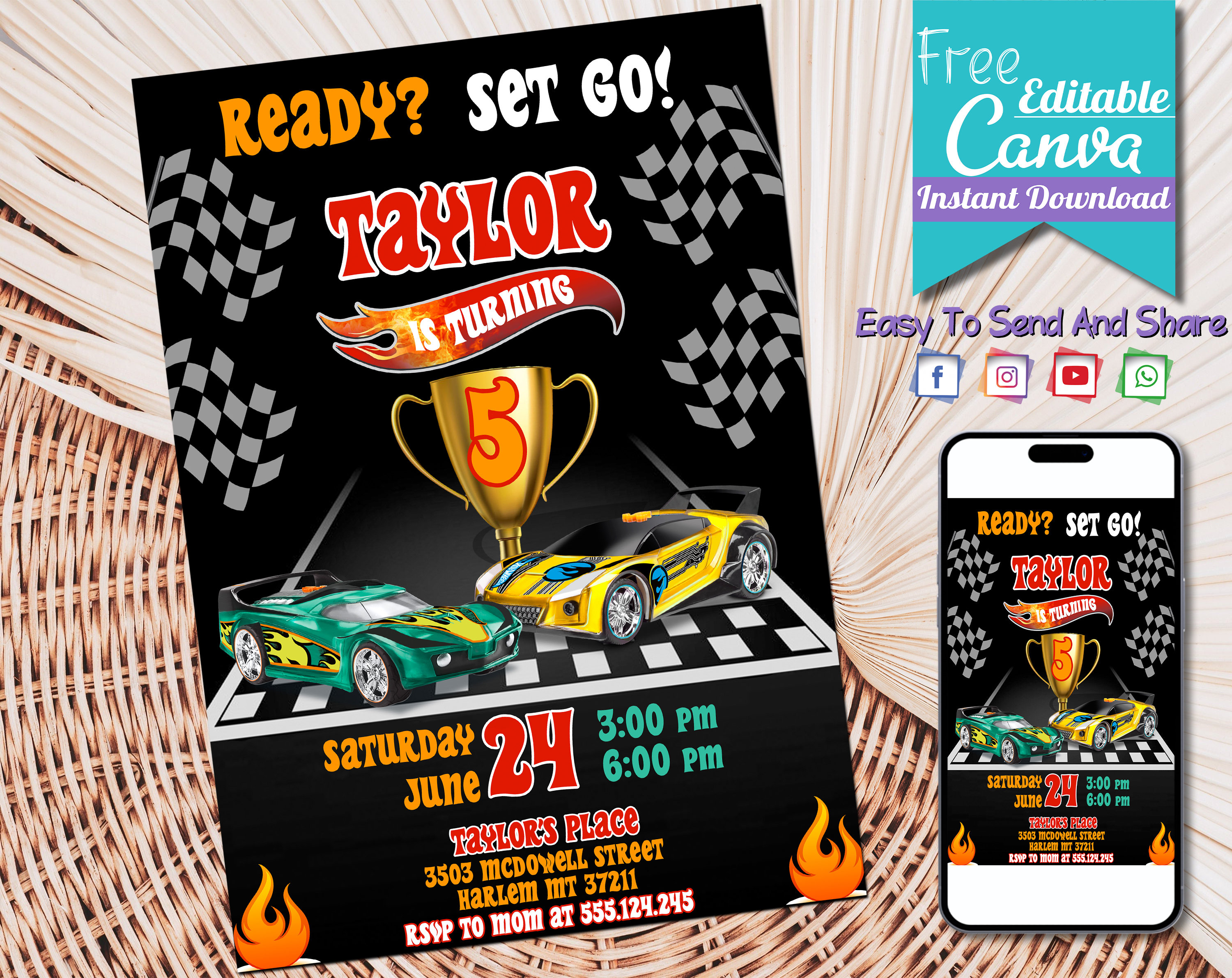 Editable Wheels Birthday Invitation, Hot Cars Birthday Invitation, Kid ...