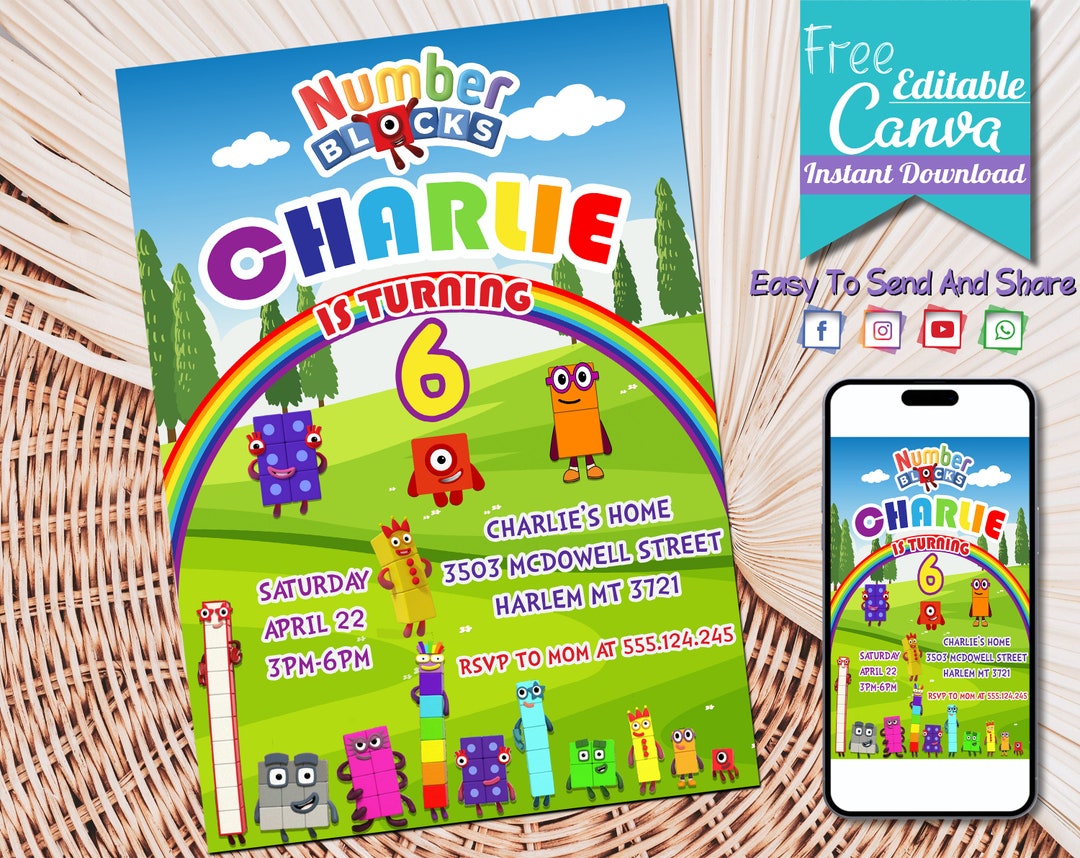 Editable Numberblocks Birthday Invitations | Number Blocks Invite ...