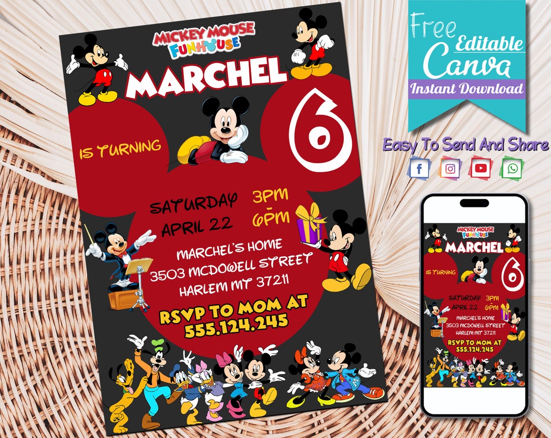 Editable Mickey Birthday Invitation Template | Kids Party Template ...