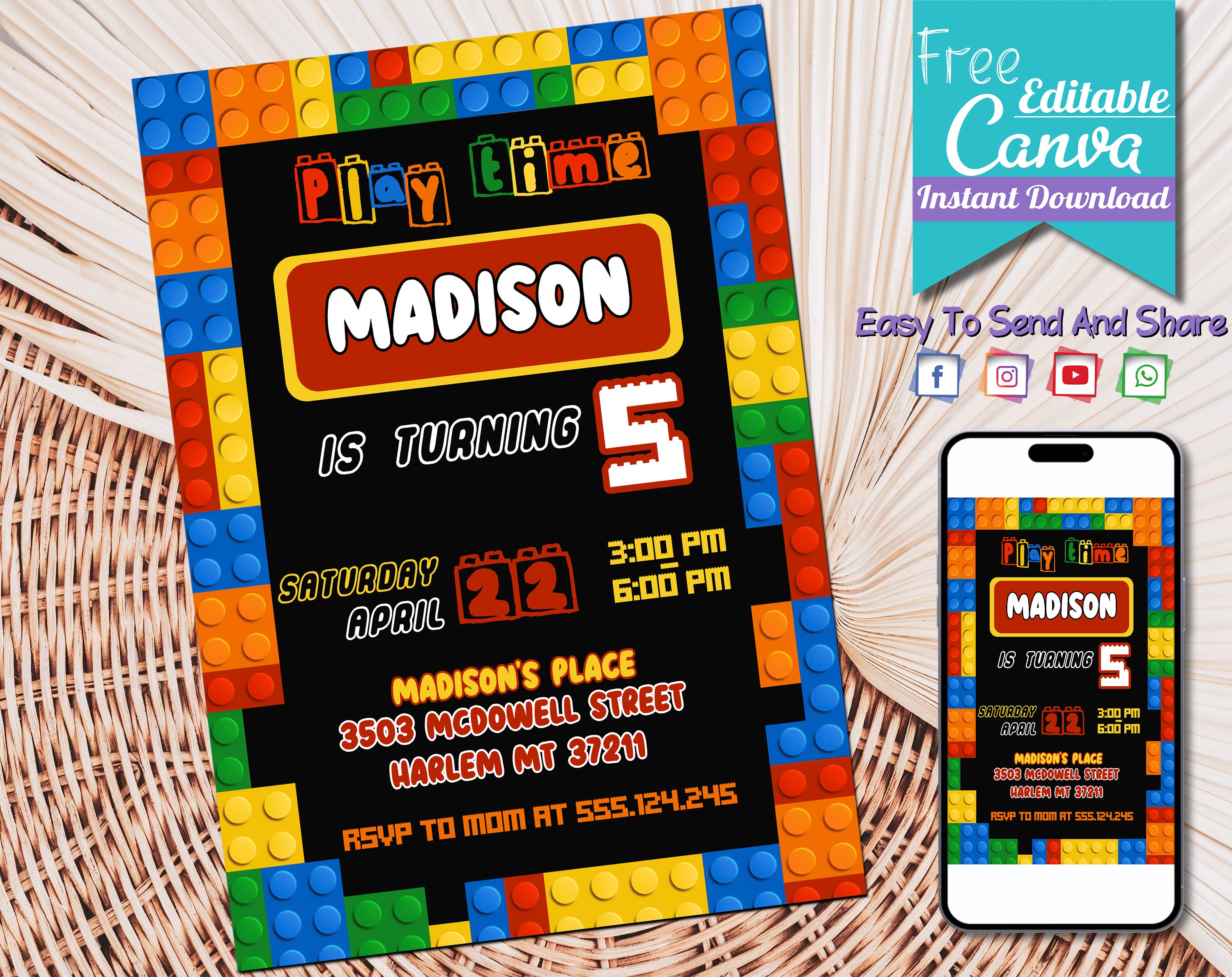 Building Blocks Birthday Invitation | Building Brick Birthday Invite ...