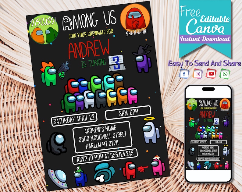Among Us Birthday Invitation | Amoung Us Game Invite | Among Us ...