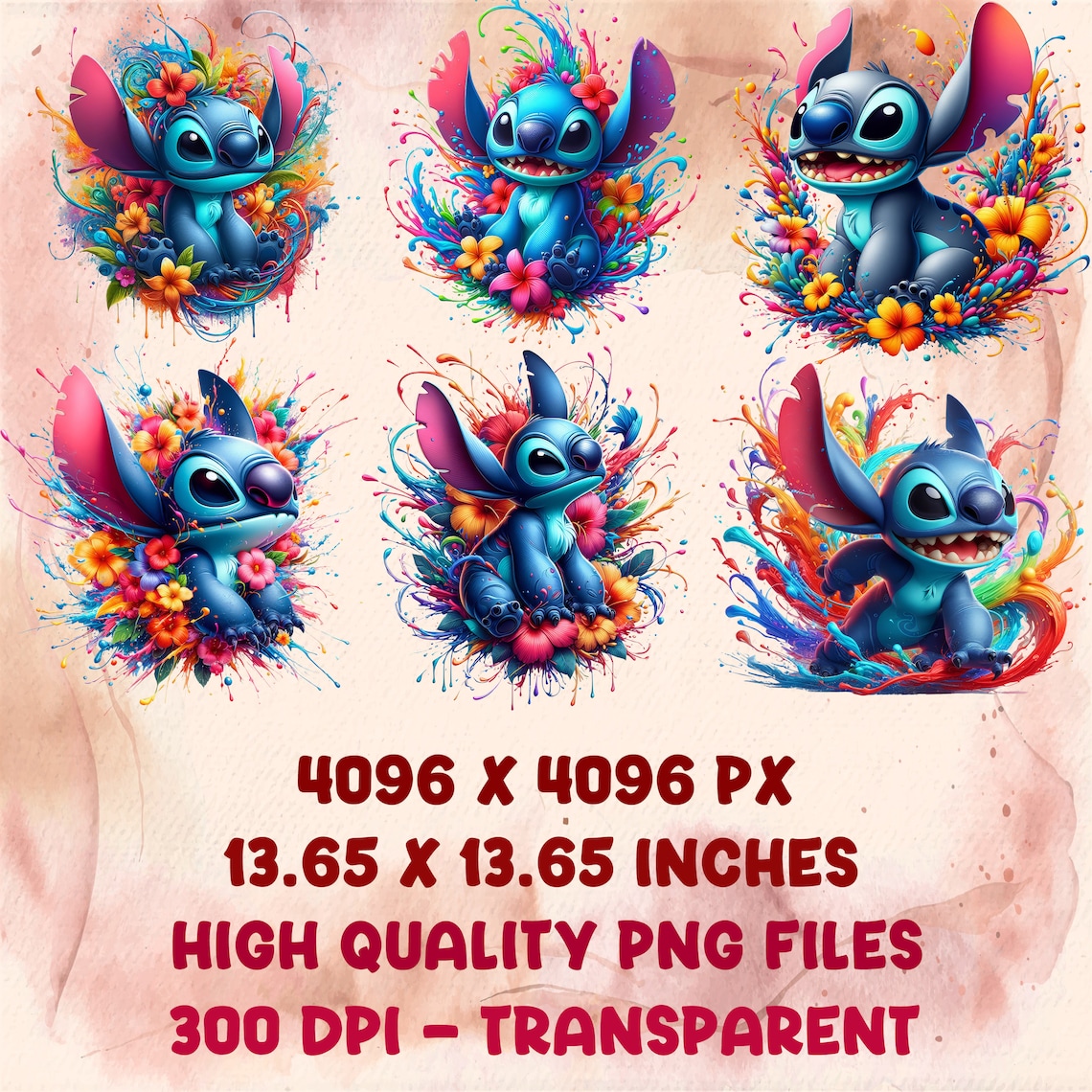 20 New Stitch Splash and Watercolor Clipart Sublimation PNG Files High ...