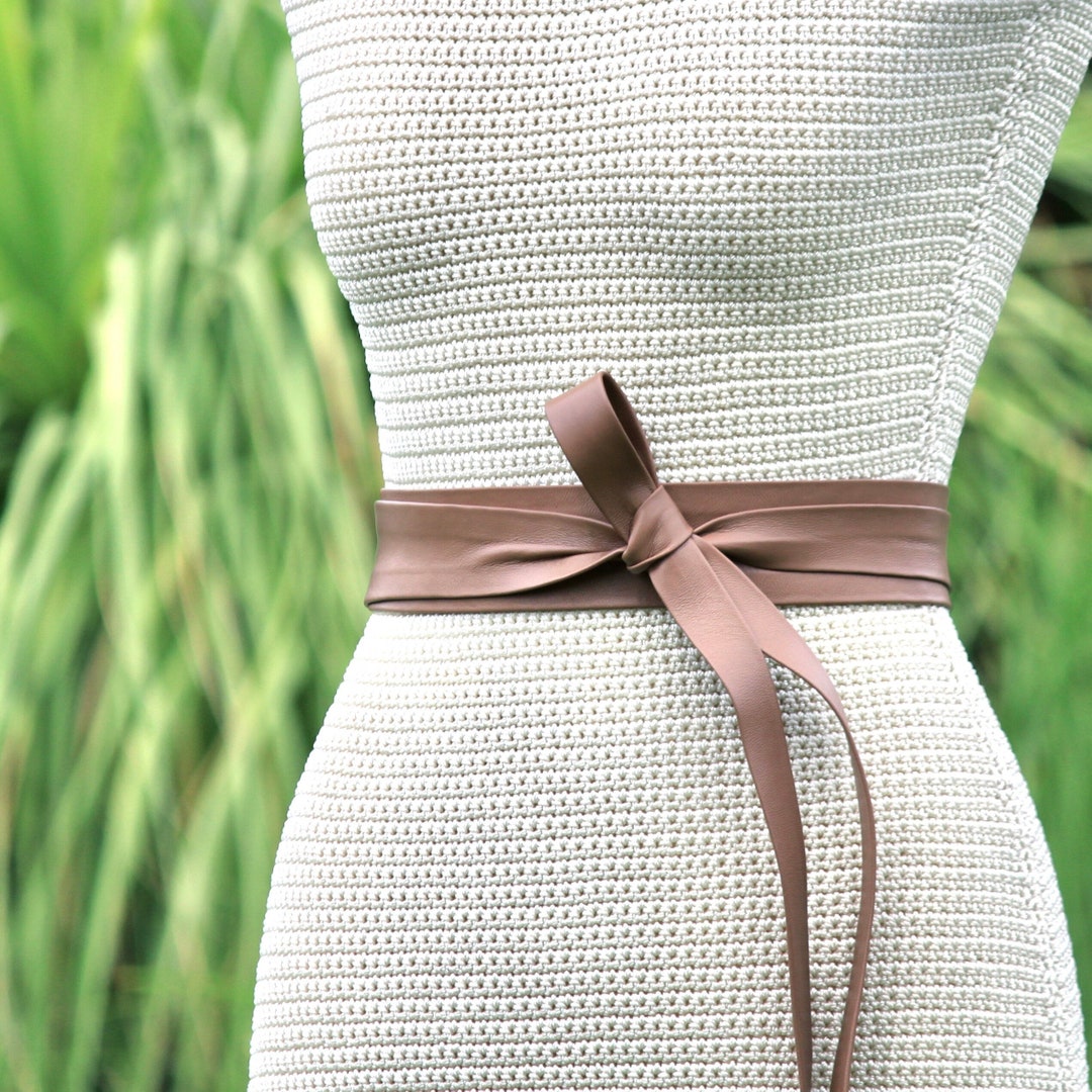 Soft Lambskin Taupe Leather Long + Skinny Double Wrap Sash • Beige ...