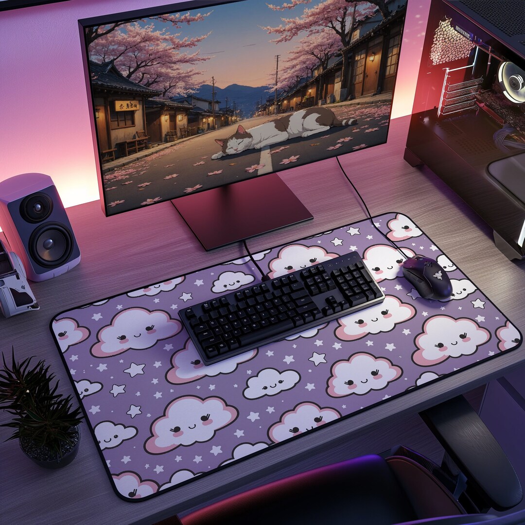Kawaii Cloud Desk Mat Cute Anime Purple Mouse Pad for Office & Gaming ...