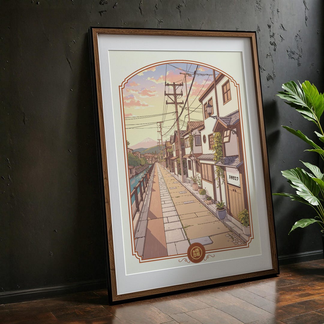 Vintage Japanese Pathway Art Mount Fuji Morning Glow, Traditional Canal ...