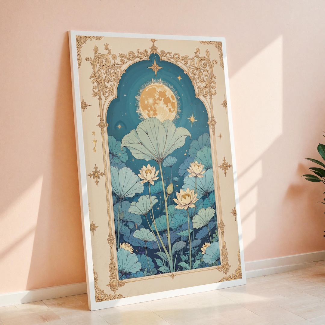 Blue Moon Lotus Garden Art Print, Vintage Art Nouveau Arch (digital ...