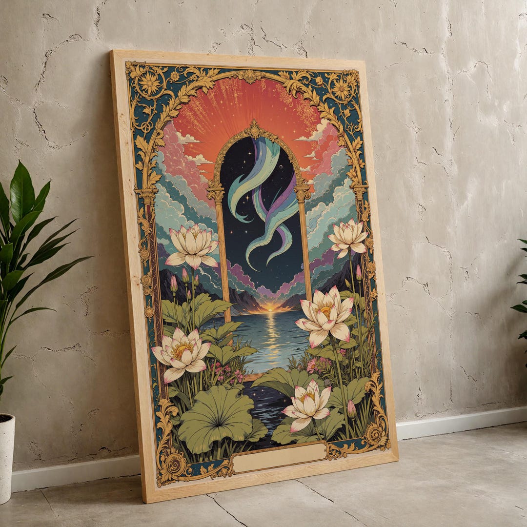 Art Nouveau Celestial Print, Sunset Aurora Portal, Lotus Flowers ...