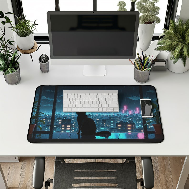 Cyberpunk Cat Desk Mat XL Neon City Mousepad Nightscape Aesthetic Desk ...