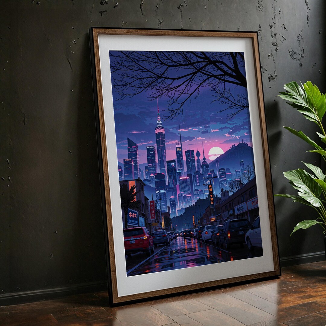 Cyberpunk City Nightscape Art Print - Futuristic Neon Illustration ...