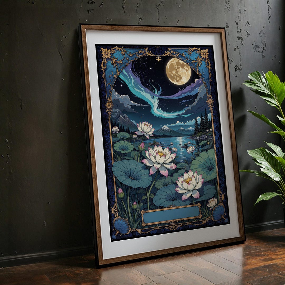 Art Nouveau Moonlit Lotus Pond Print, Teal Aurora (digital Download) - Etsy