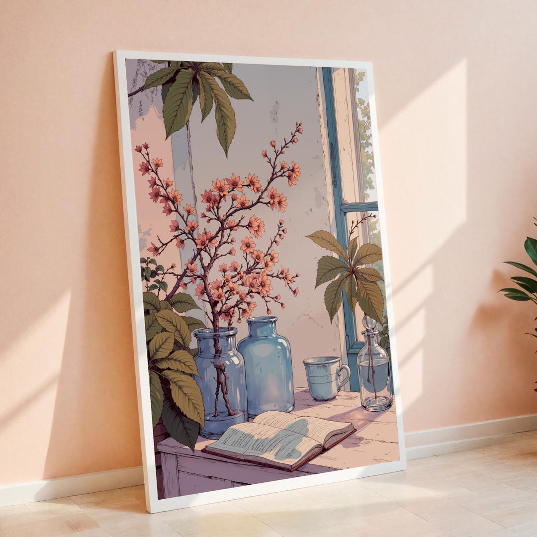 Vintage Botanical Still Life Art Print With Flowers and Glass - Digital ...