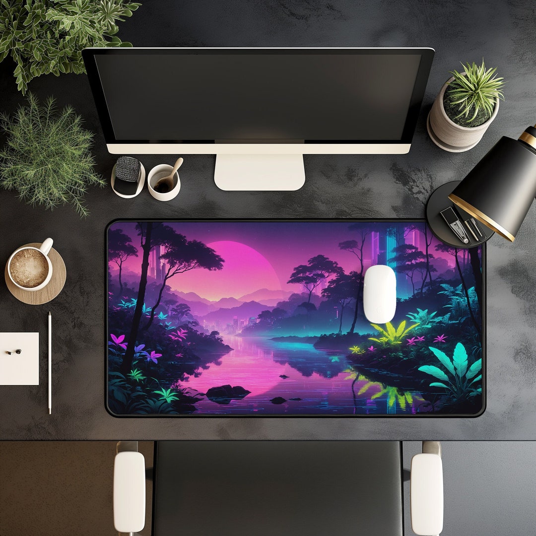 Neon Jungle Synthwave Desk Mat | Vaporwave City Mouse Pad | Cyberpunk ...