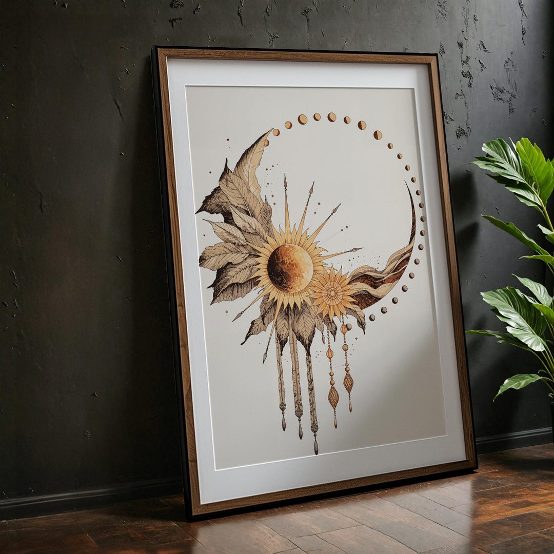 Boho Sun and Moon Phases Art Print: Celestial Botanical Decor (digital ...