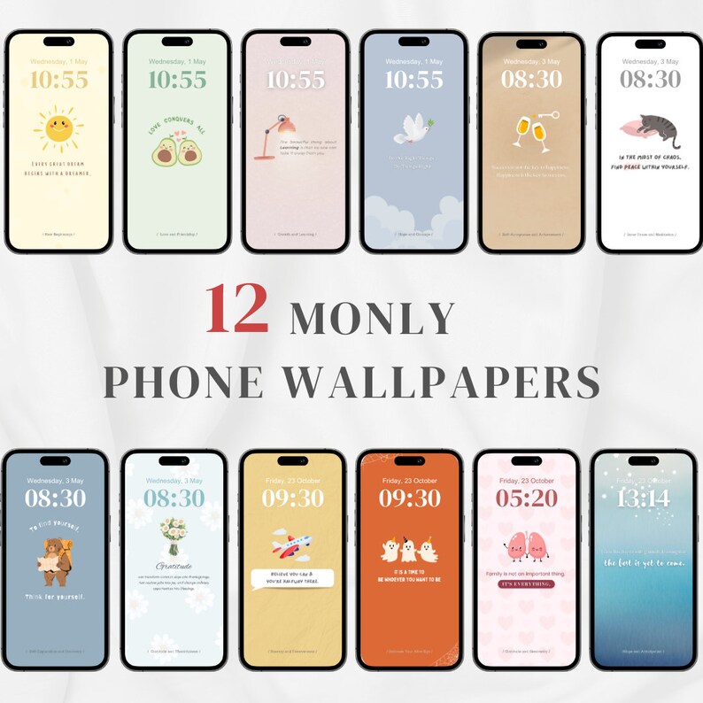 12 Phone Wallpaper Affirmations, Cute Illustration Wallpaper, Monthly ...