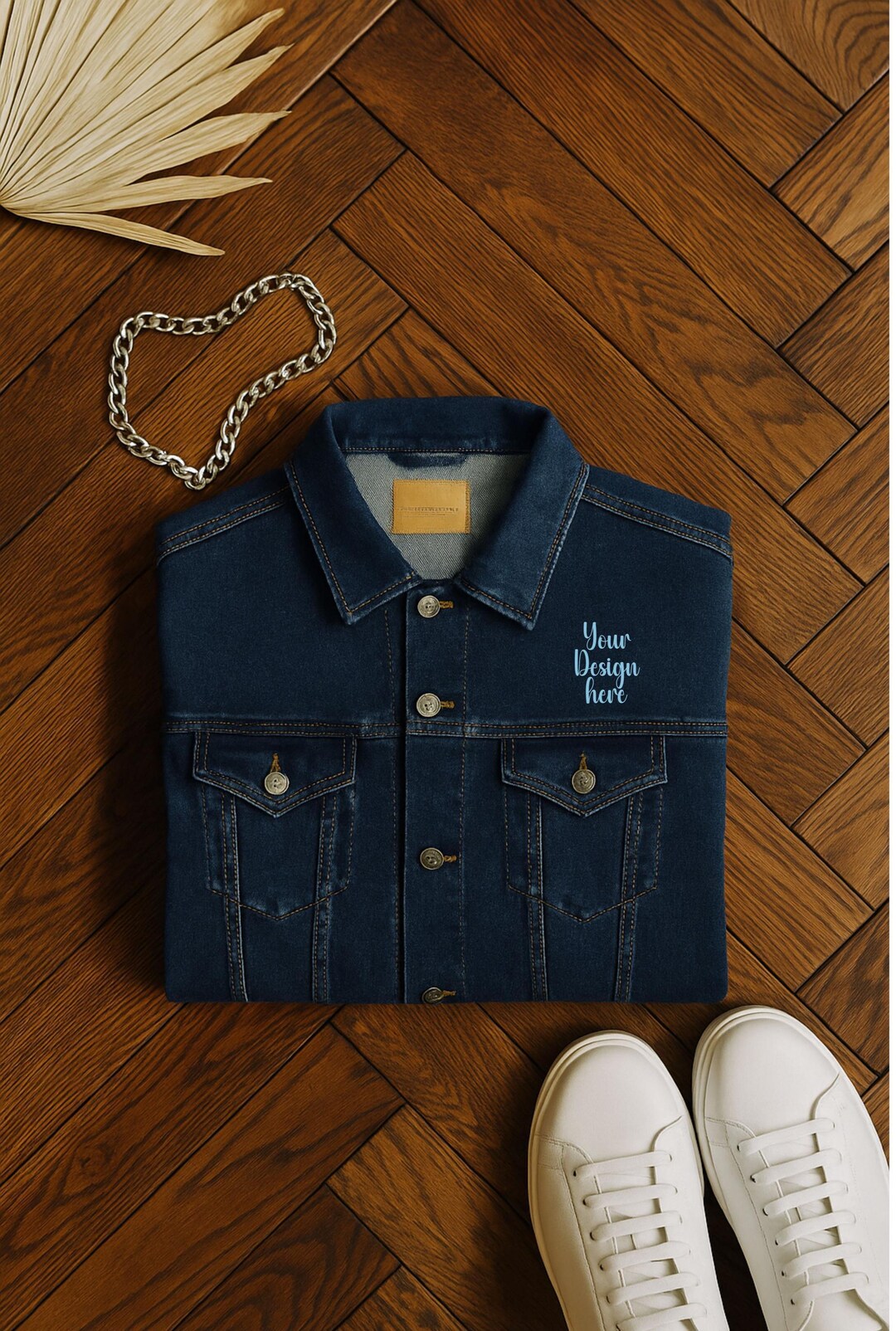 Unisex Denim Jacket (embroidery) Mockup. Flat Lay Jean Jacket Mockup ...