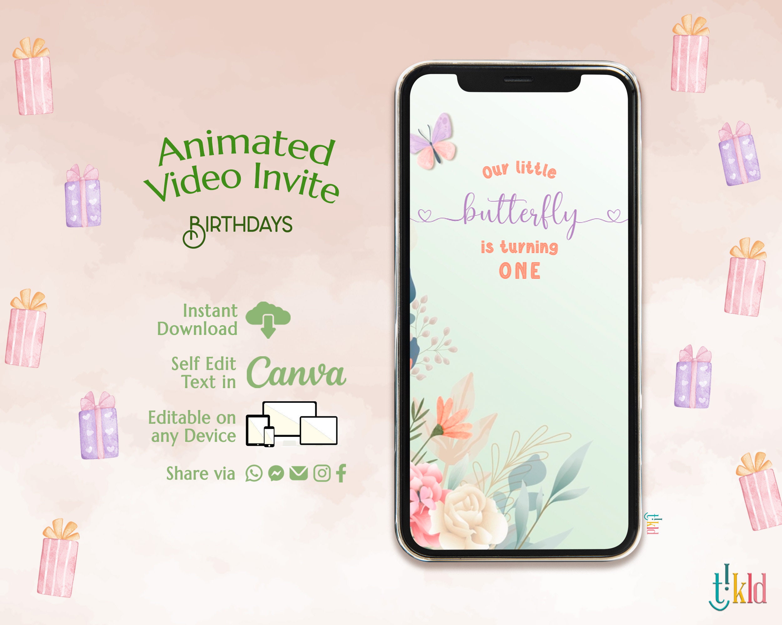 Butterfly GIRL Birthday Digital Invitation, Whimsical Butterfly Floral ...