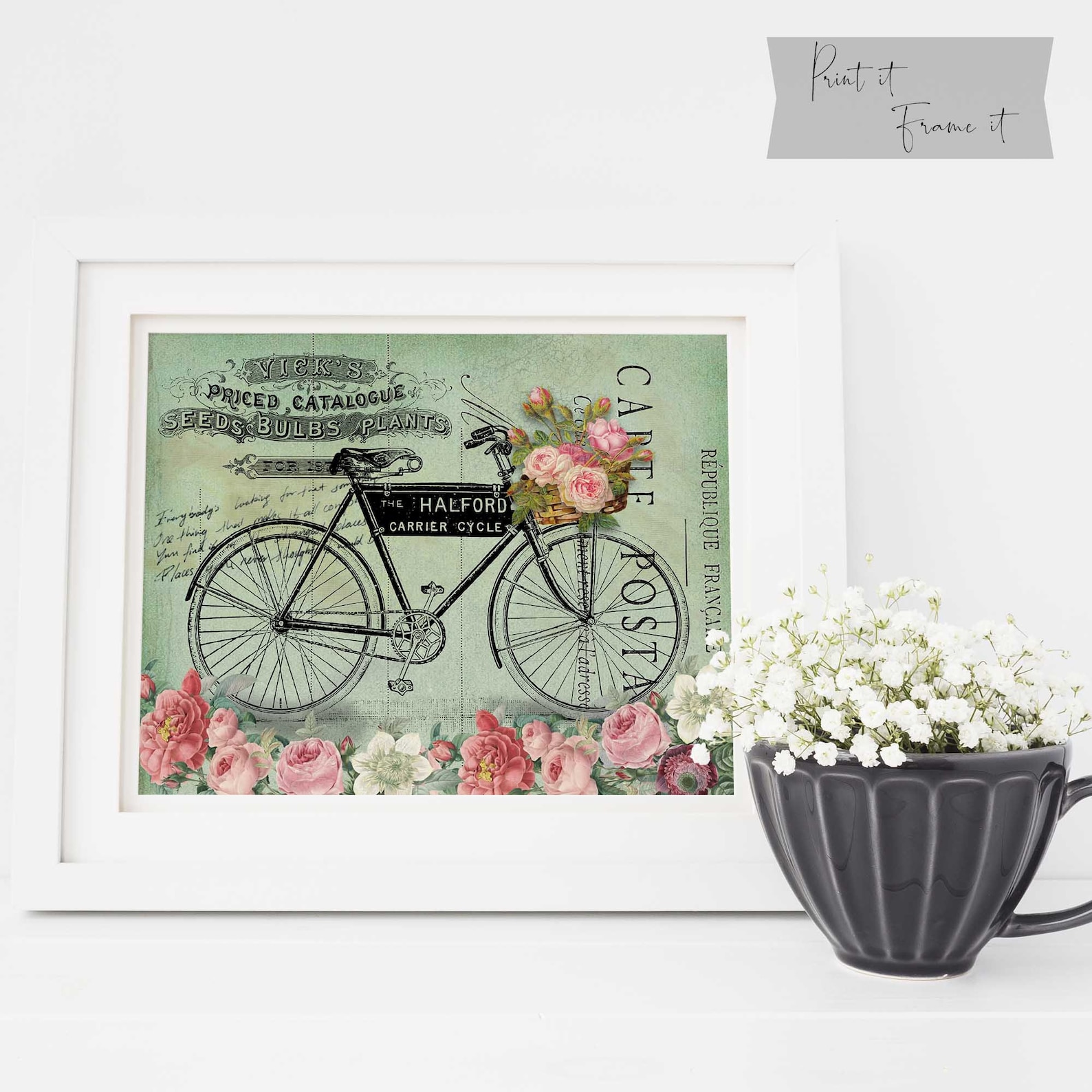 Bicycle With Flower Basket Printable Wall Art - Wall Decor - Instant ...