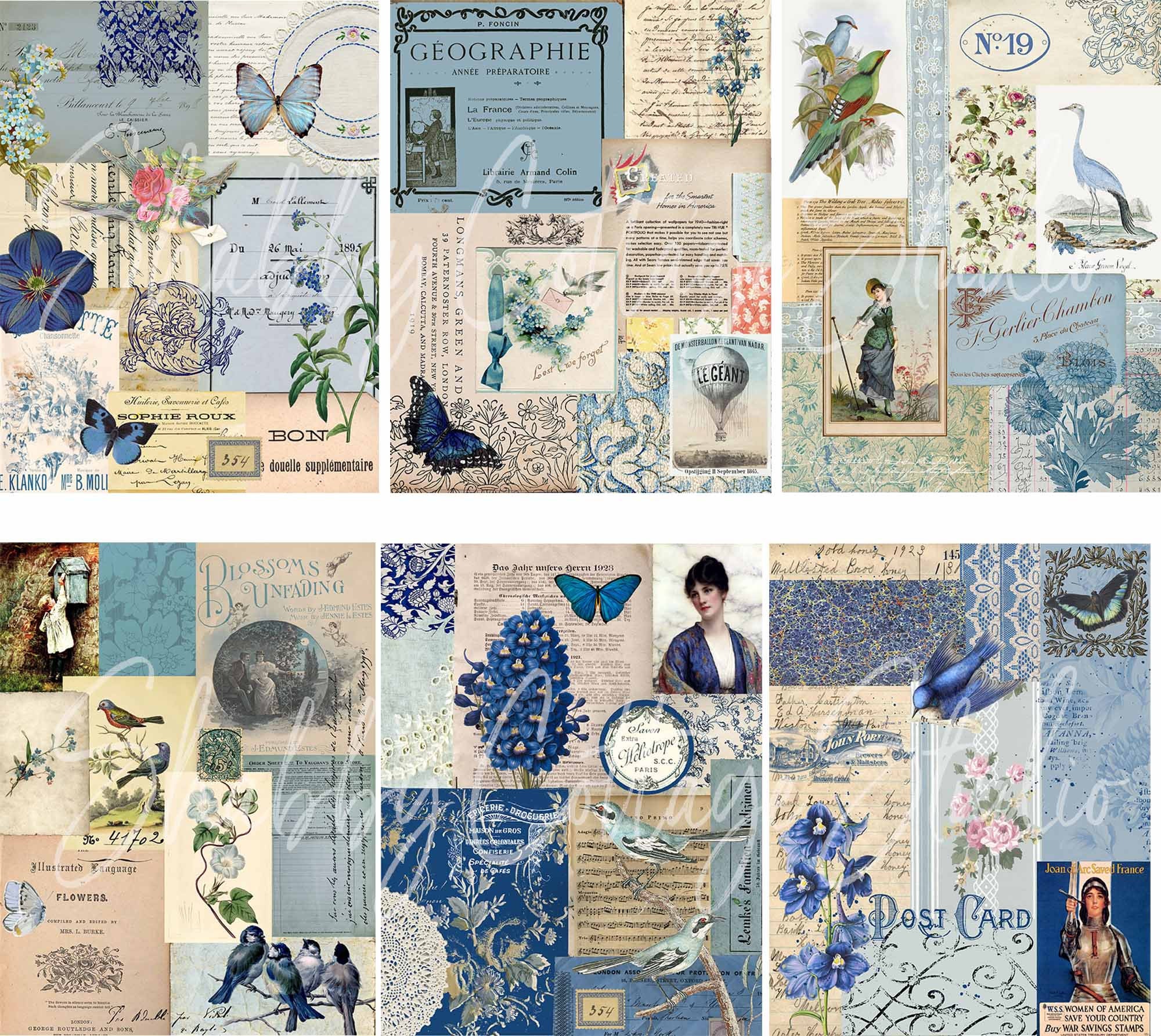 Ephemera Collage Papers Blue Printable Paper Pack Digital - Etsy