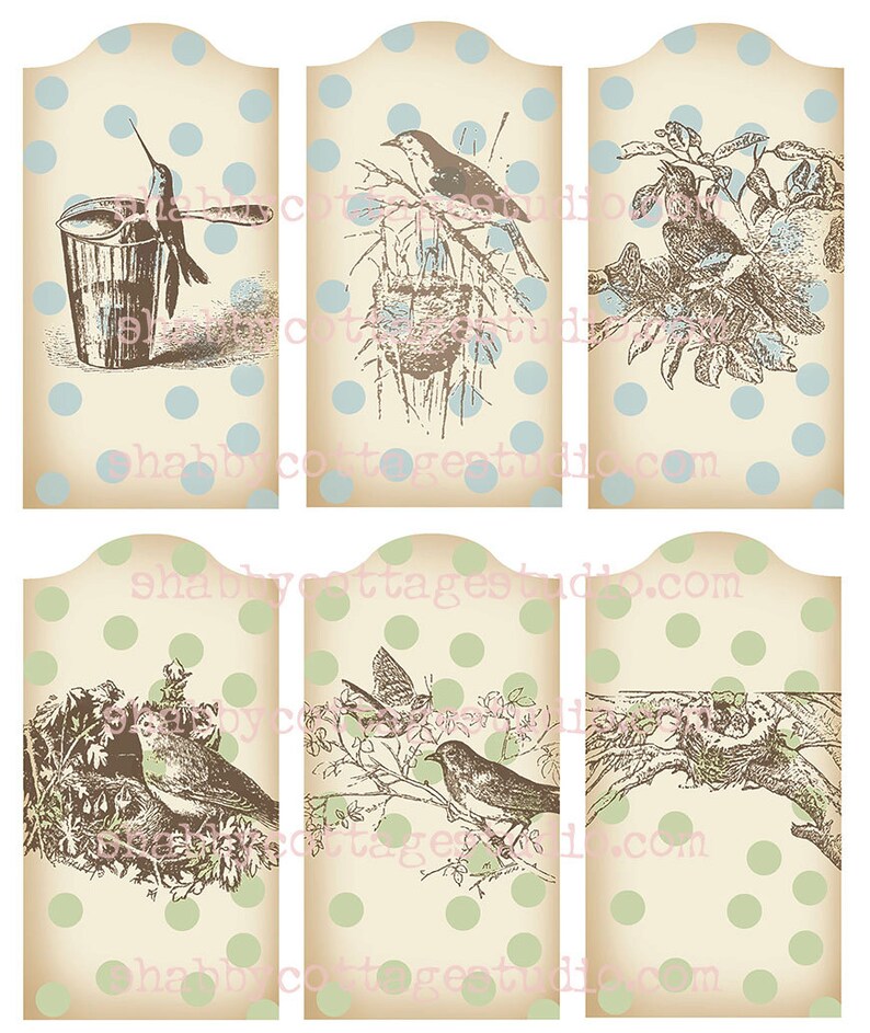 Birds and Polka Dot Tags INSTANT DOWNLOAD Digital TAGS U Print - Etsy