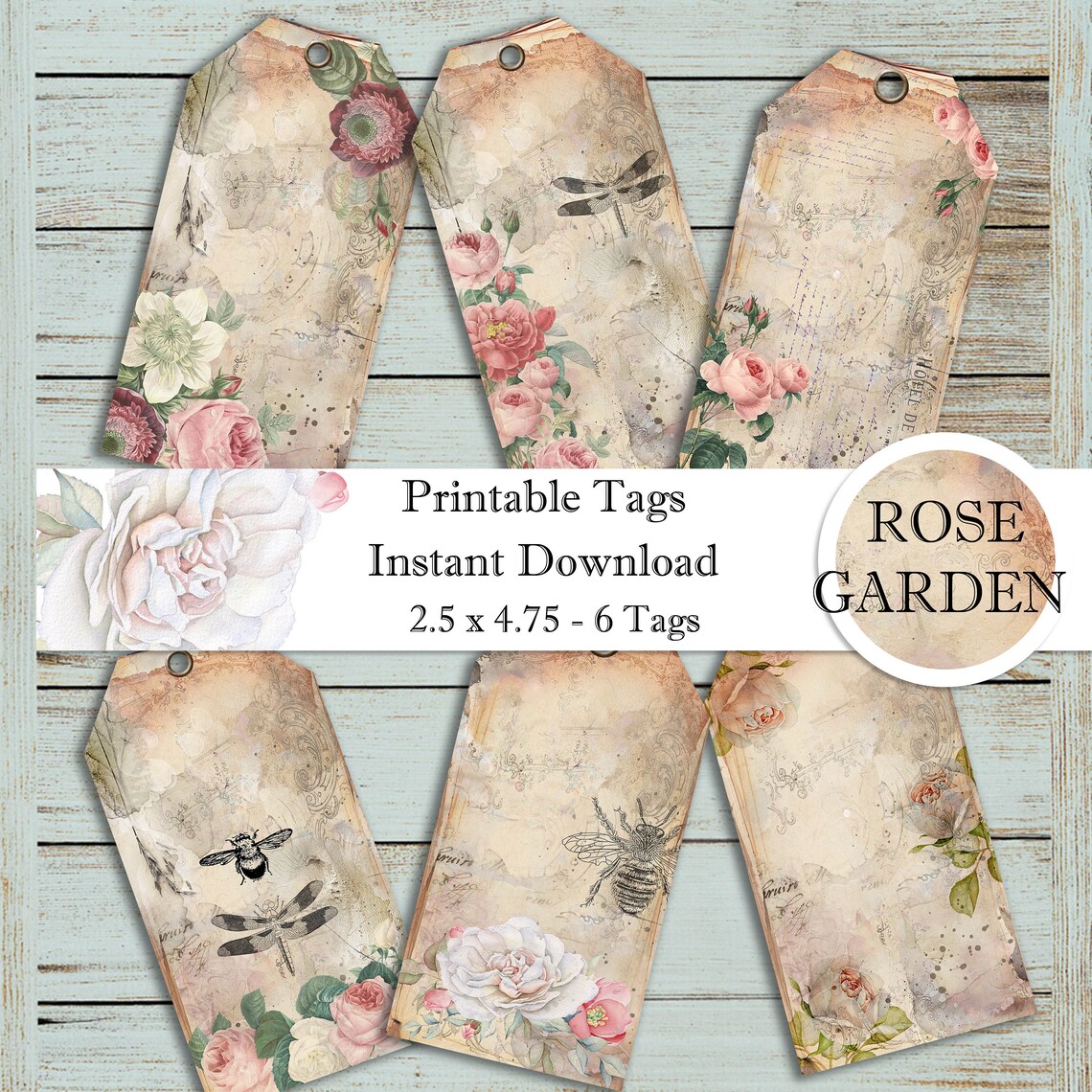 Rose Garden Digital Tags Grungy Floral Printables Instant - Etsy