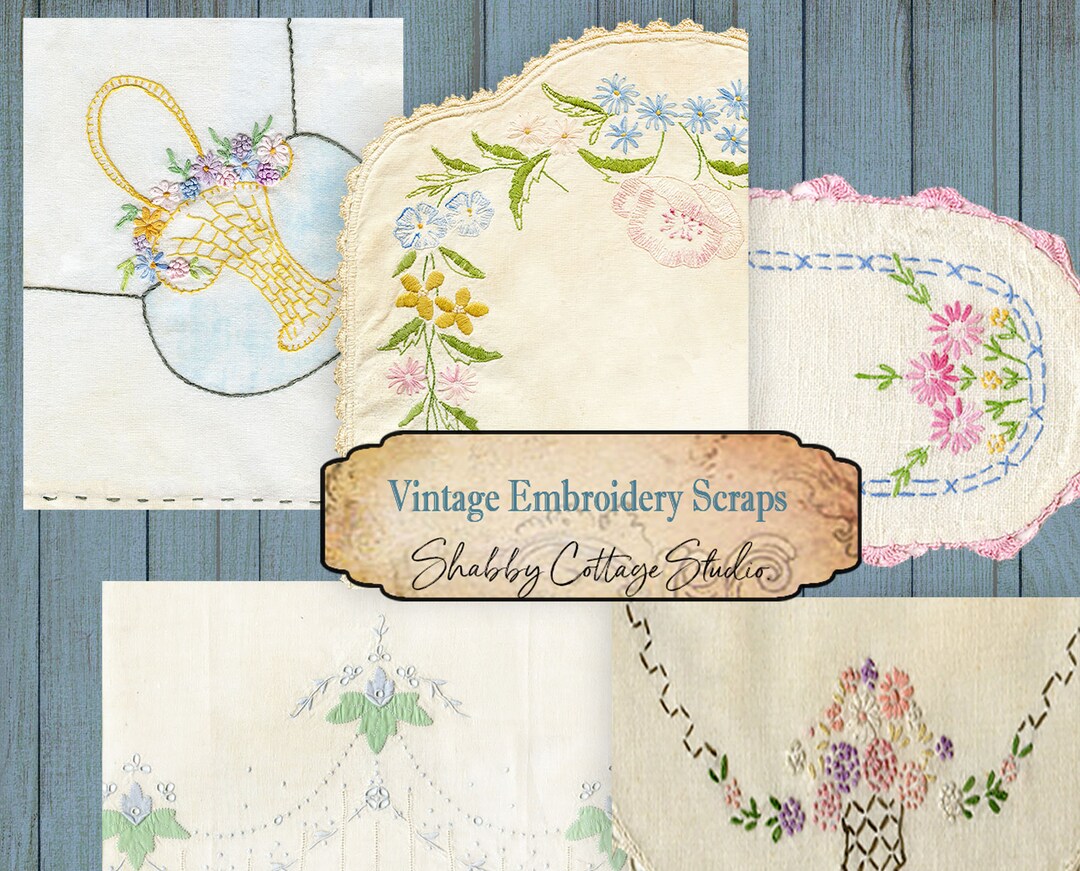 Printable Vintage Embroidery Scraps - Digital Download Linen Embroidery ...