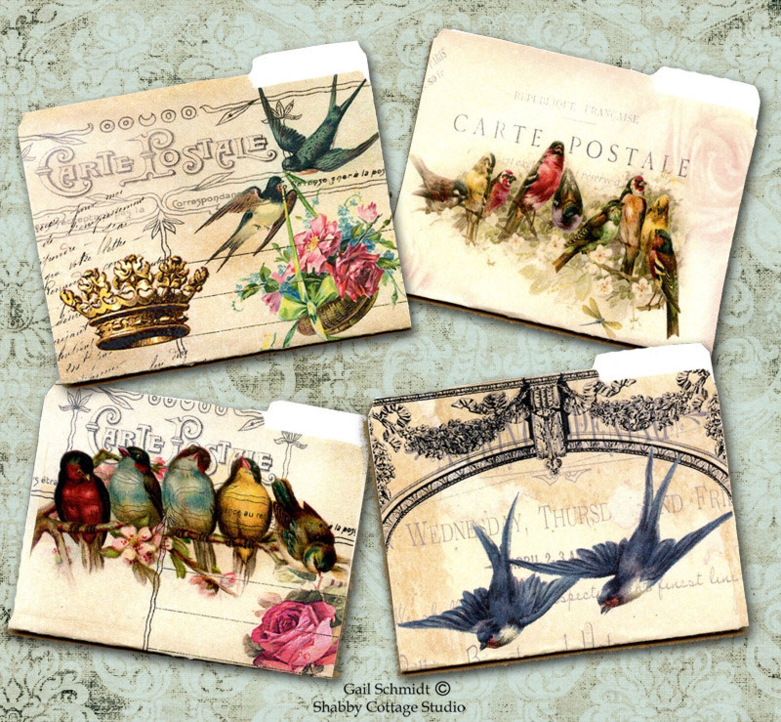 DIGITAL Download Birdy Mini File Folders Birds Roses Florals French ...