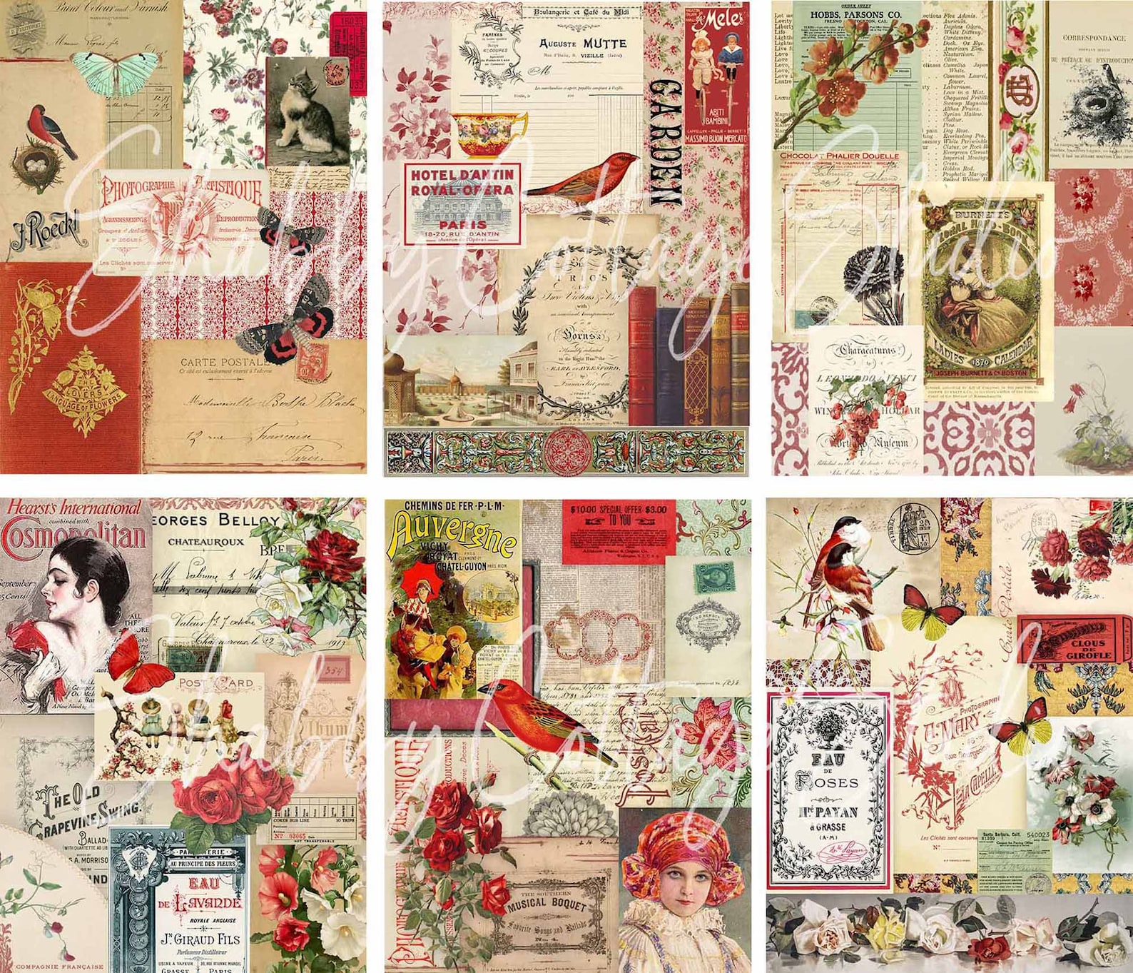Ephemera Collage Papers Red Printable Paper Pack Digital - Etsy