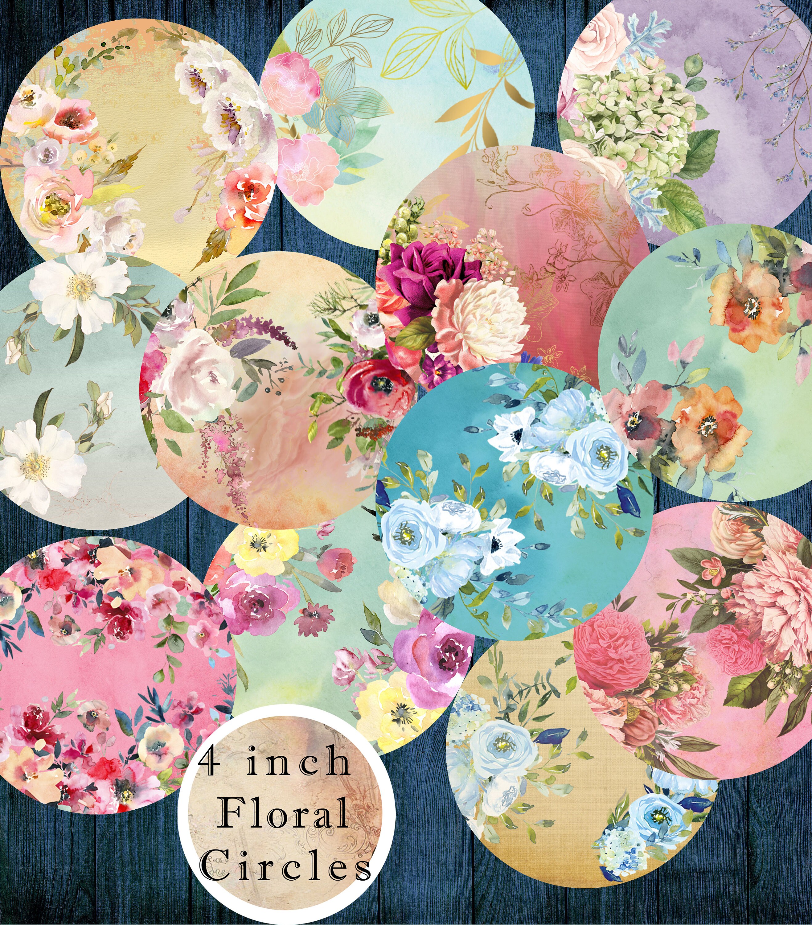Floral Circle Stickers Collage Sheet Print Yourself for | Etsy