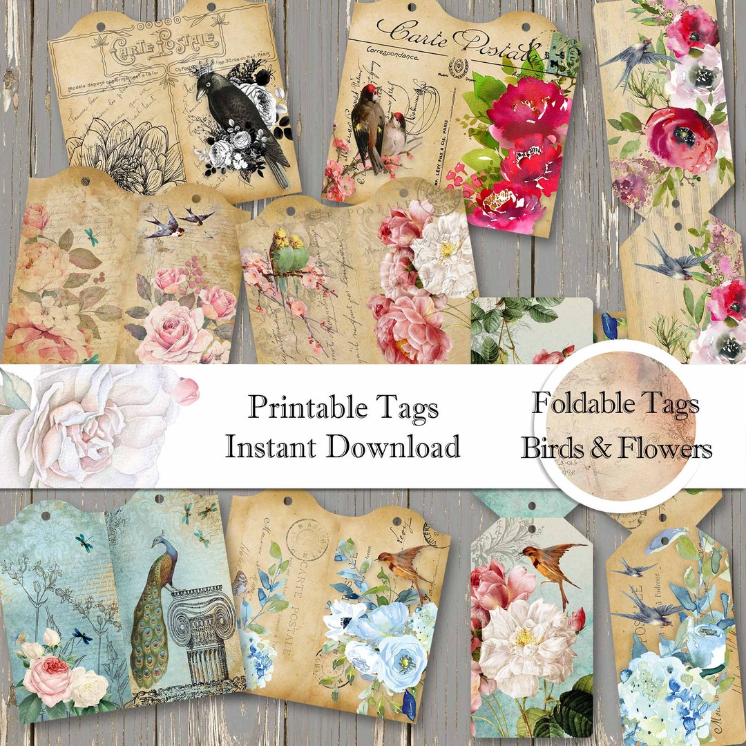 Foldable Birds and Flowers Tags - Instant Printables Digital Download ...