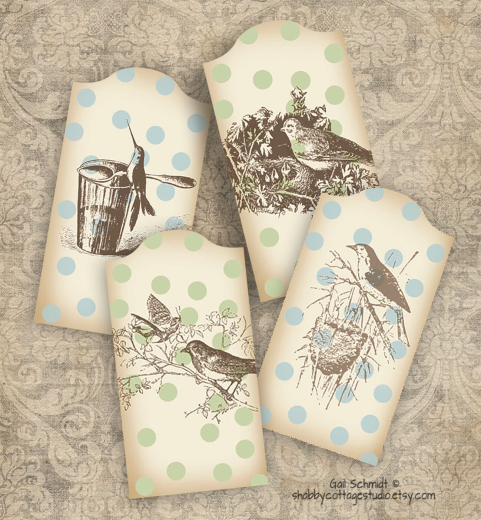 Birds and Polka Dot Tags INSTANT DOWNLOAD Digital TAGS U Print ...