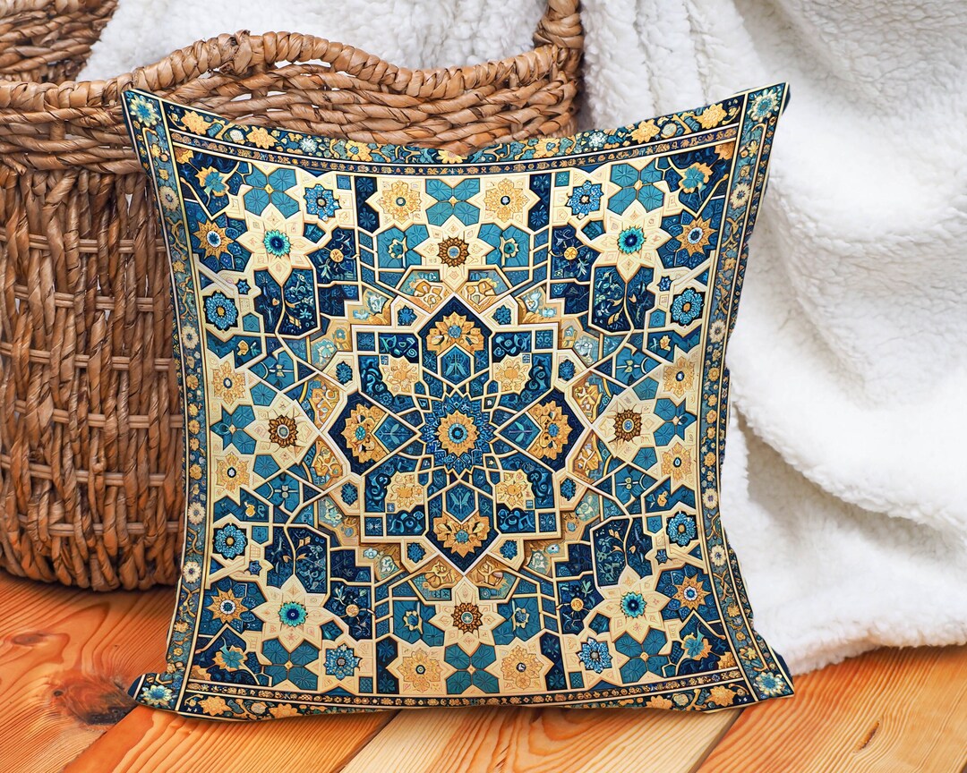 Royal Blue Floral Geometric Pillow: Opulent Tapestry Cushion - Etsy