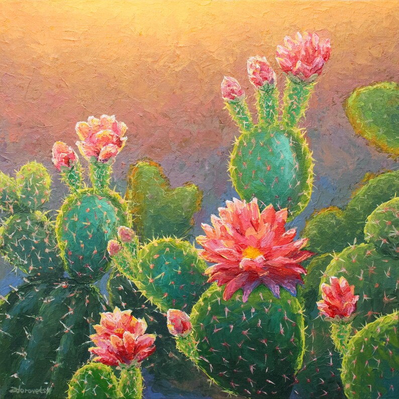 Cactus Painting, Original Textured Prickly Pear Cactus Wall Art ...