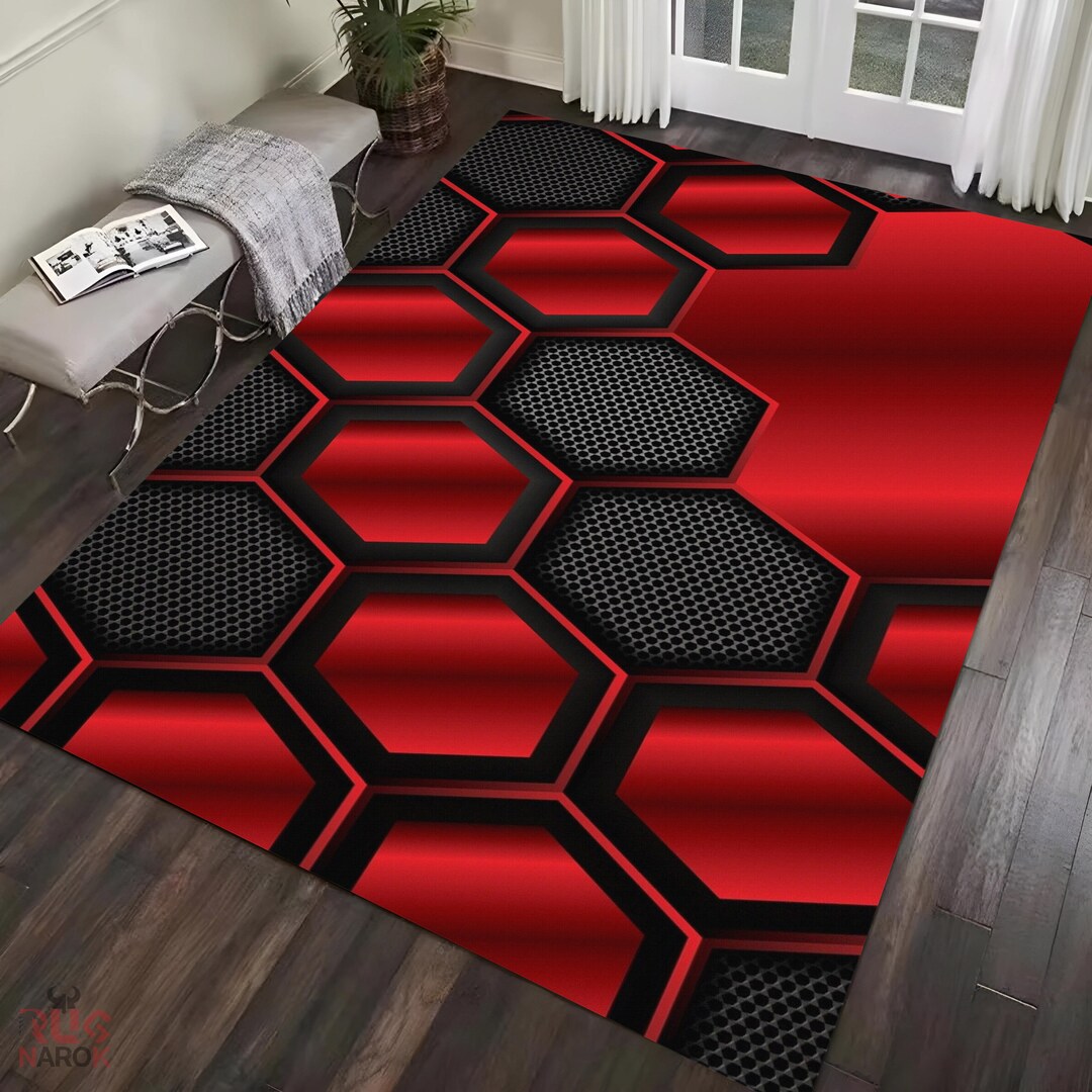 3D Rug, Red Carpet, Hexagon Mat, Geometric Rug, Red and Black Carpet ...