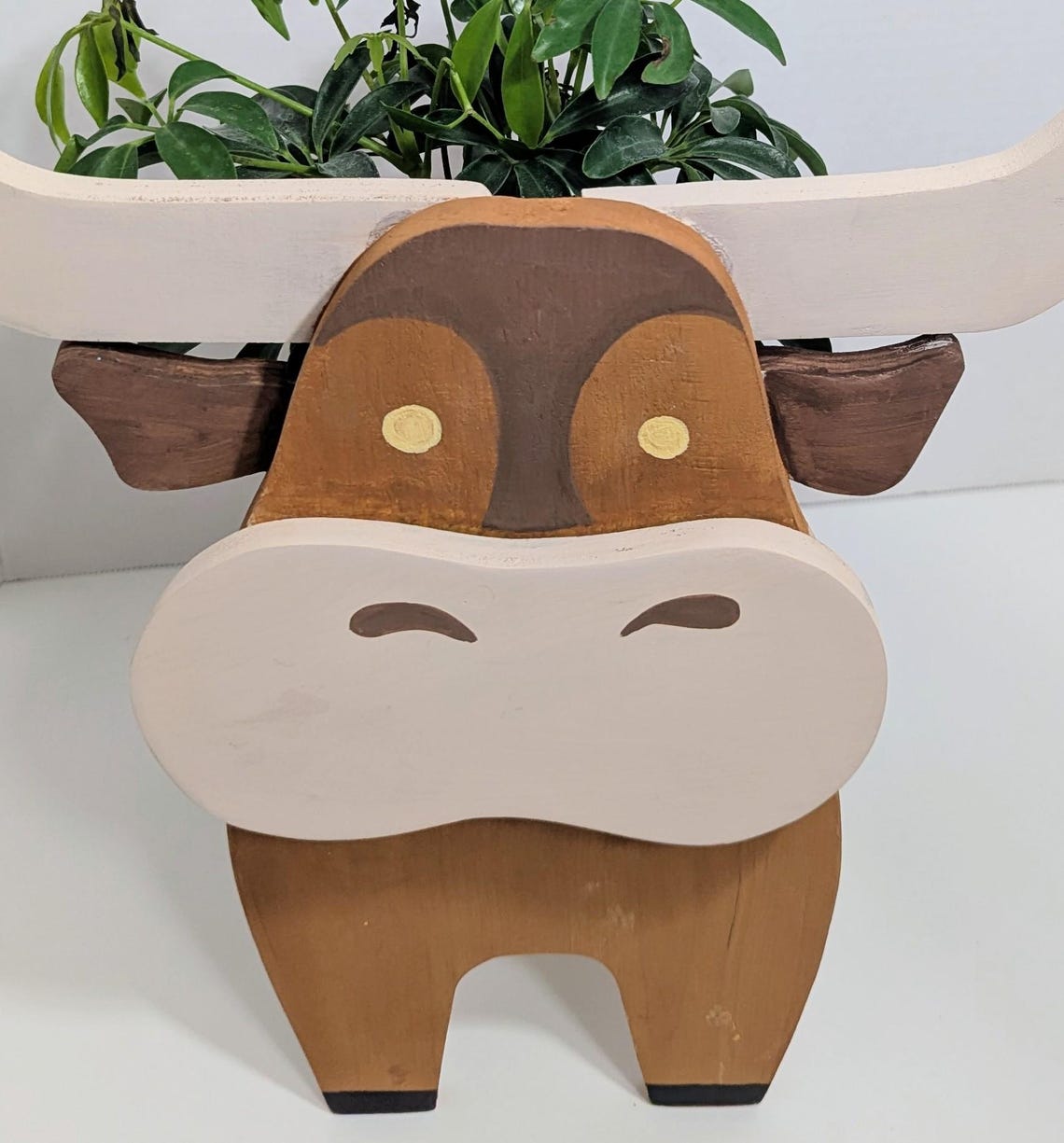 Handmade Painted Wooden Farmhouse Cow Bull Planter - Indoor Outdoor ...