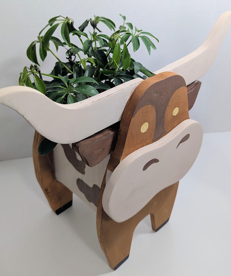 Handmade Painted Wooden Farmhouse Cow Bull Planter - Indoor Outdoor ...