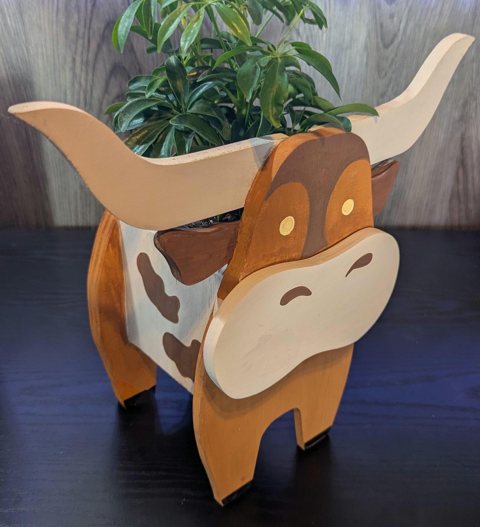 Handmade Painted Wooden Farmhouse Cow Bull Planter - Indoor Outdoor ...