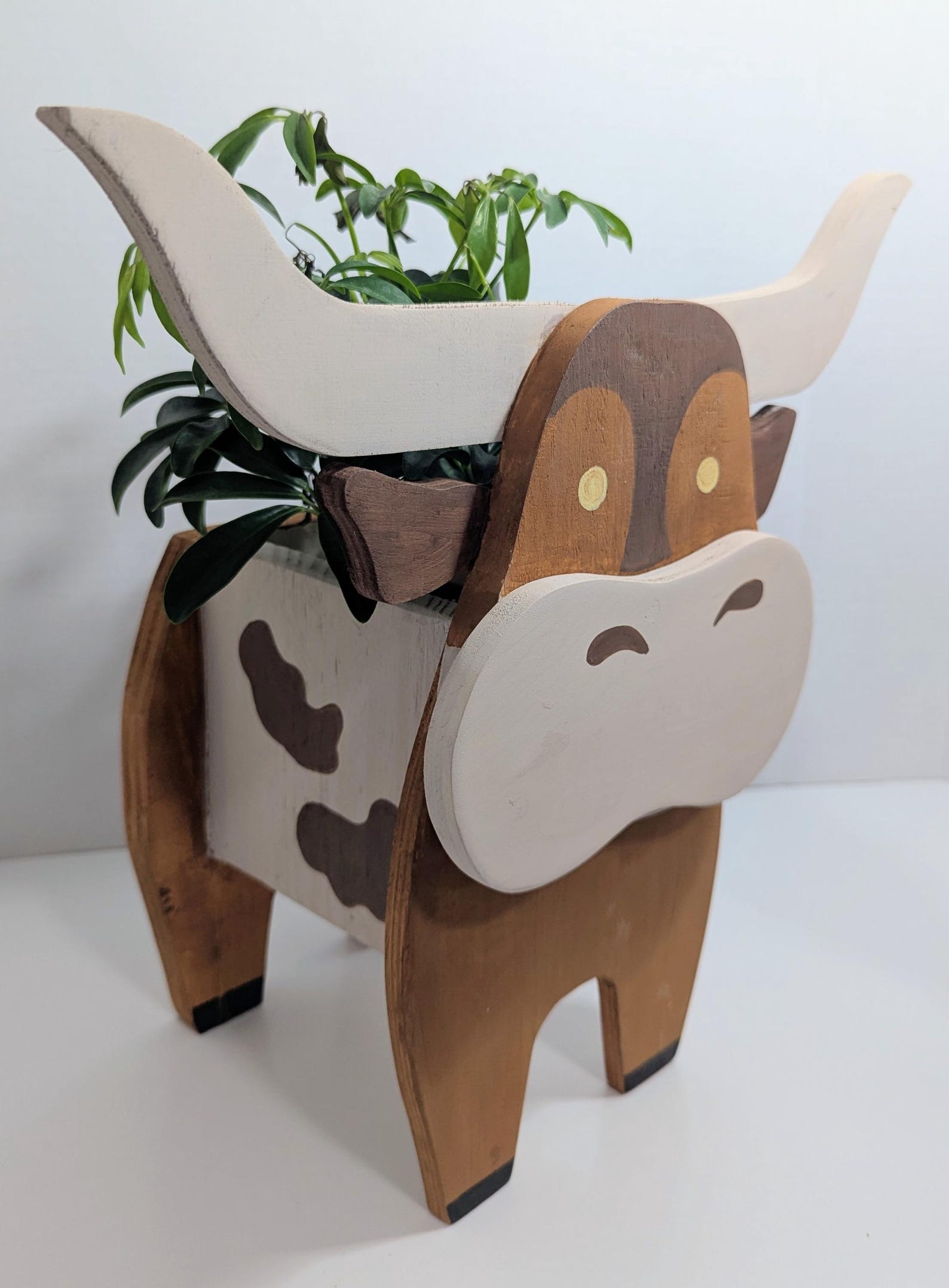 Handmade Painted Wooden Farmhouse Cow Bull Planter - Indoor Outdoor ...