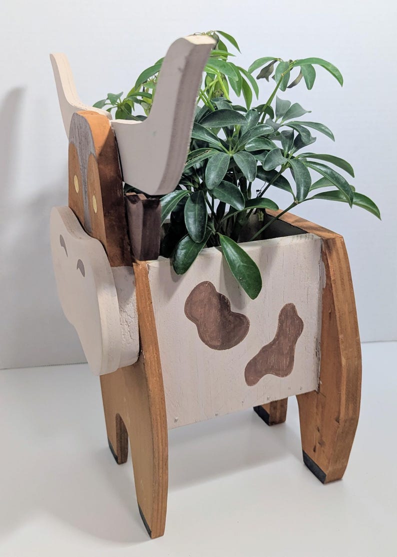 Handmade Painted Wooden Farmhouse Cow Bull Planter - Indoor Outdoor ...